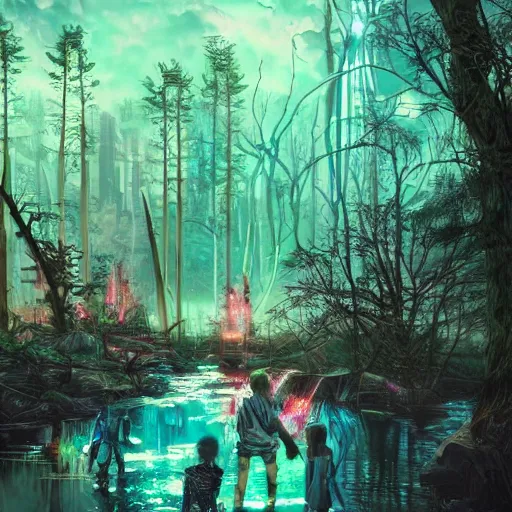 evil cyberpunk childs in a river into the forest, | Stable Diffusion