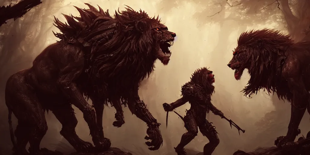 demonic humanoid lions in heavy armor, red glowing | Stable Diffusion ...