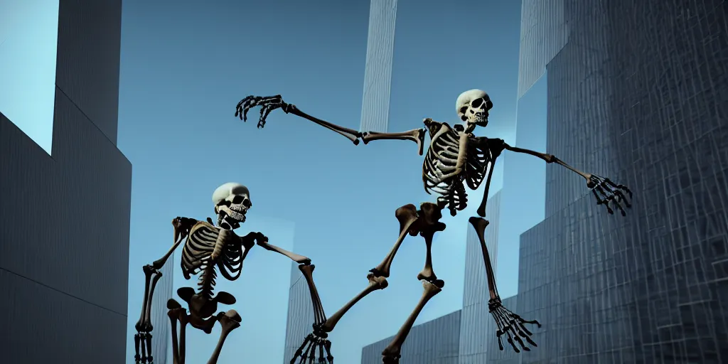 large human skeleton going up the side of a tall | Stable Diffusion