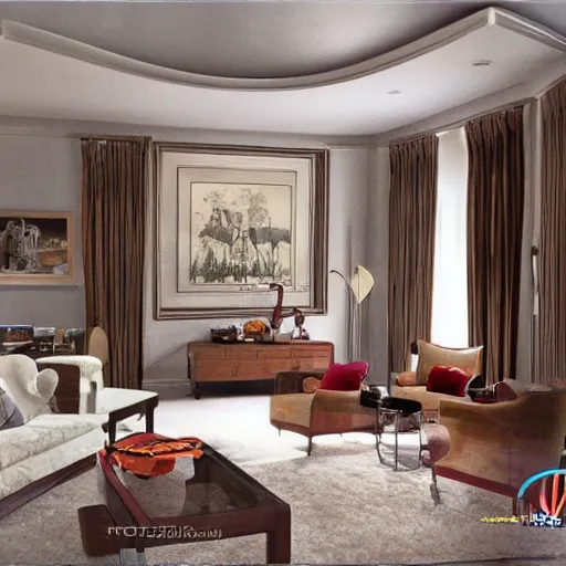 1964 year interior home design hall. Photorealistic, | Stable Diffusion