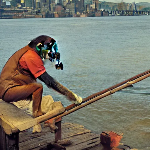photo of monkey fishing in Hudson river, with the city | Stable ...