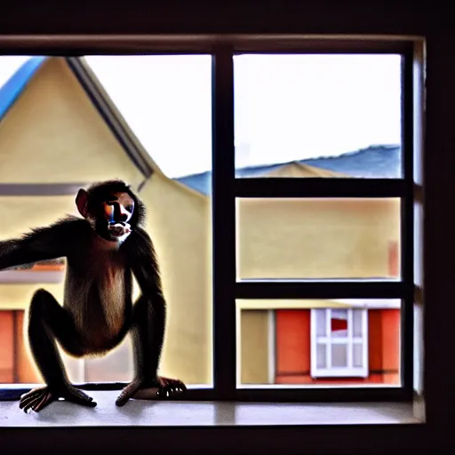 a monkey inside a house looking out the window | Stable Diffusion