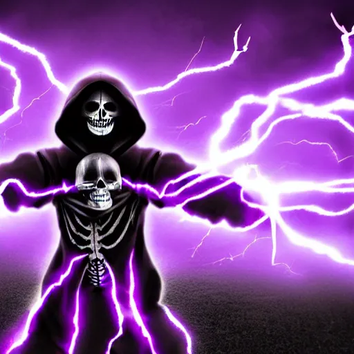 hooded figure with a skeleton face shooting purple | Stable Diffusion ...