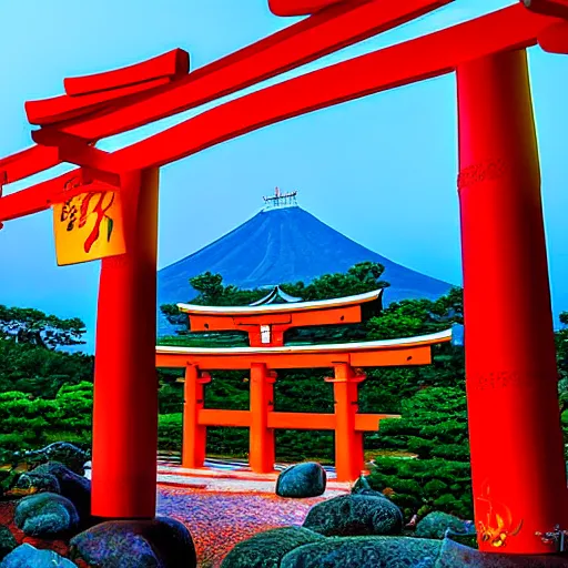 a japanese landscape filled with torii arches, dawn, | Stable Diffusion | OpenArt