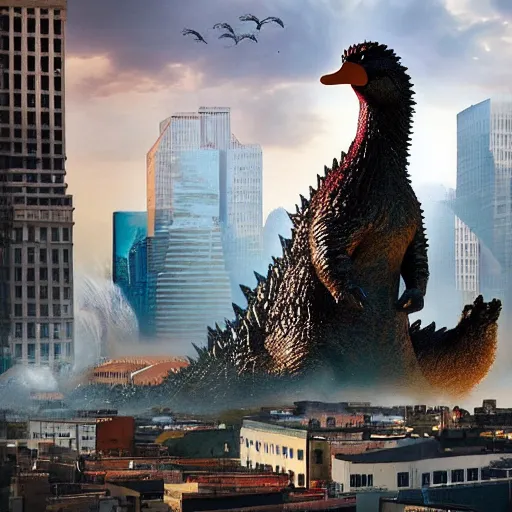 a giant duck destroying a city in the style of godzilla | Stable Diffusion