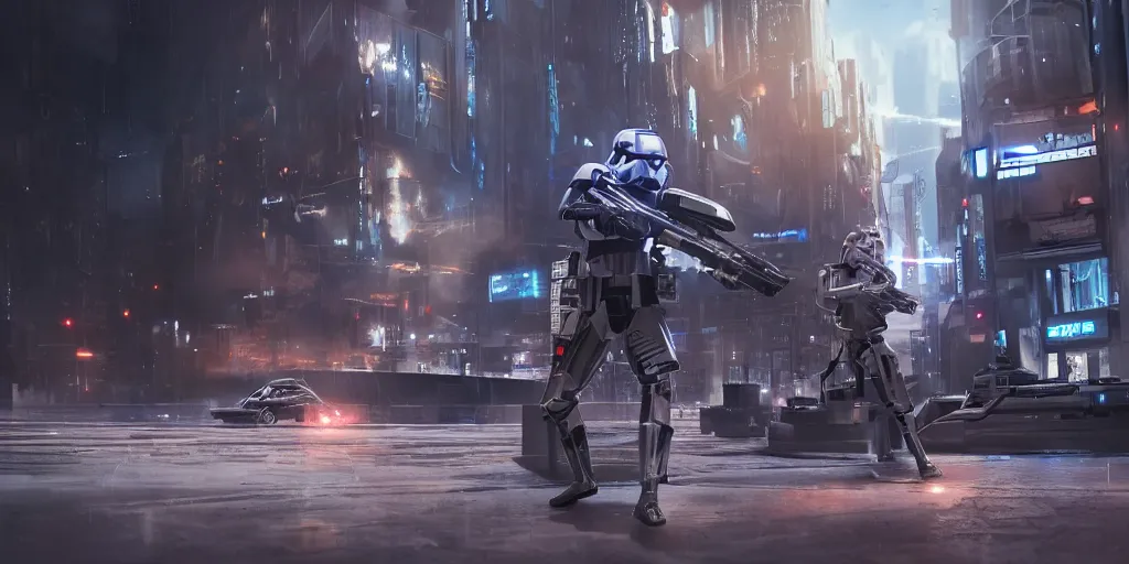 cyber soldier shooting a star wars gun in a cyberpunk | Stable ...
