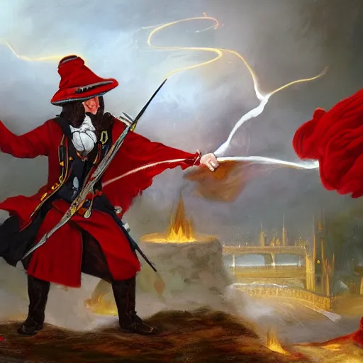 an old wizard casts a fireball at a British redcoat | Stable Diffusion