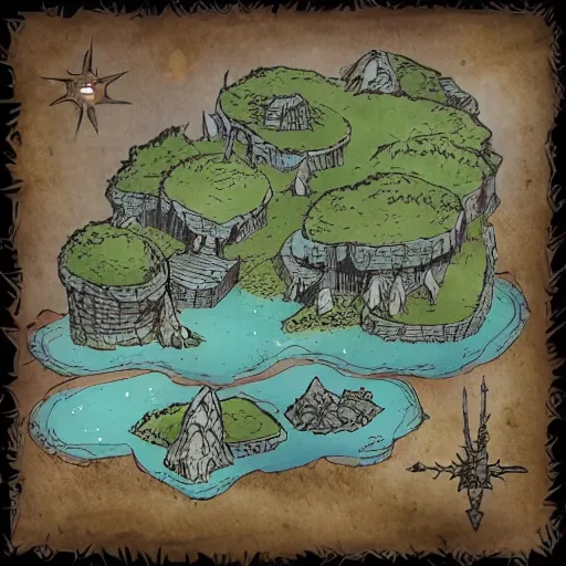 an illustrated fantasy map of a small outpost. junk | Stable Diffusion