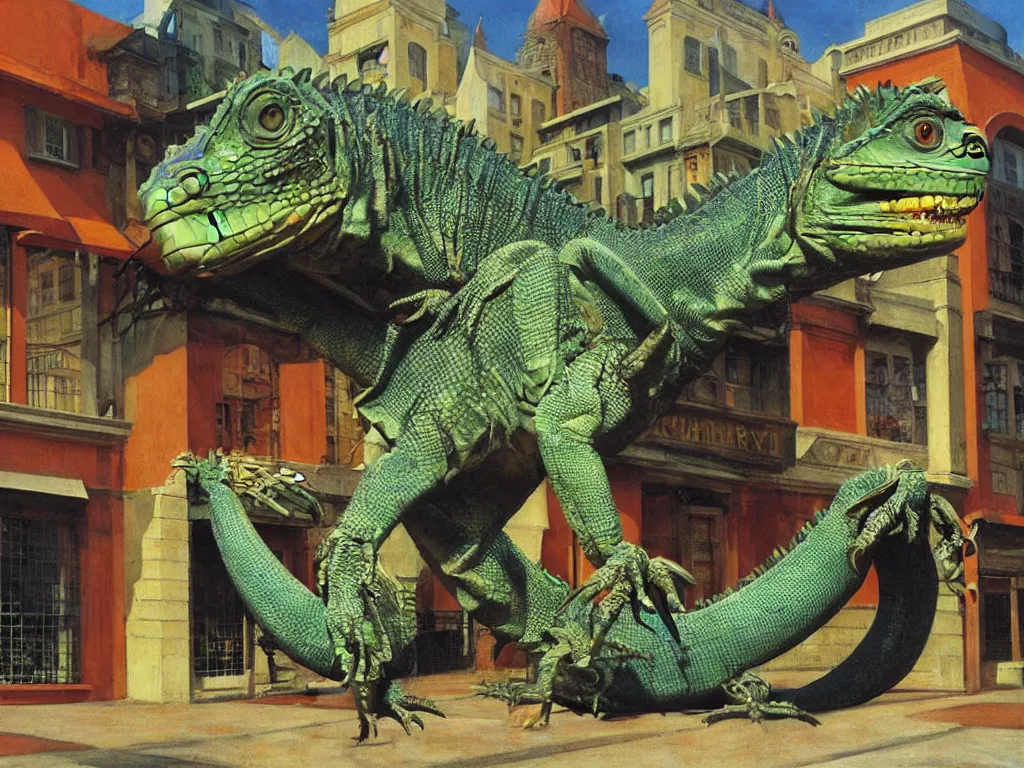 A Giant Robotic Iguana Monster in the Town Square, by | Stable ...