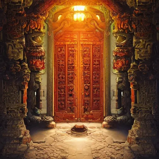 massive ornately carved shangri - la temple door at | Stable Diffusion