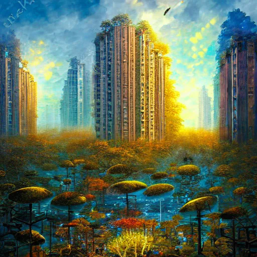 overgrown geometric mushroom skyscrapers autumn, | Stable Diffusion ...