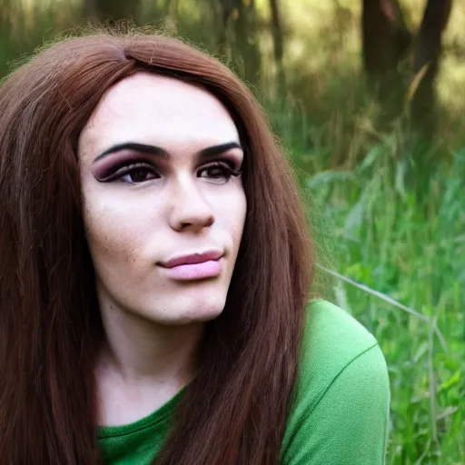 a transgender woman with long brown hair sits near a | Stable Diffusion