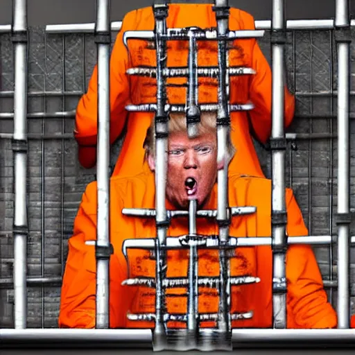 donald trump wearing orange prison jumpsuit, locked | Stable Diffusion