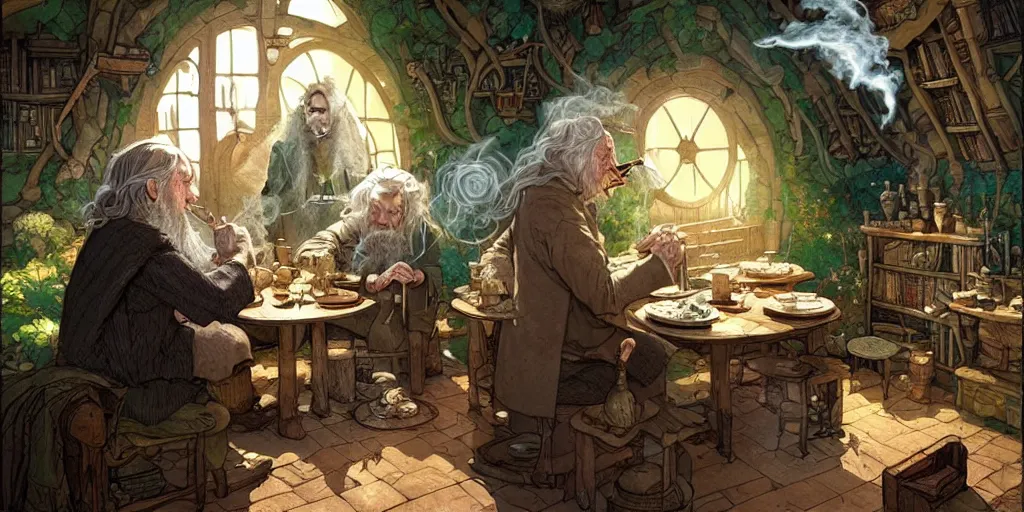 portrait of jrr tolkien smoking a pipe with gandalf | Stable Diffusion ...
