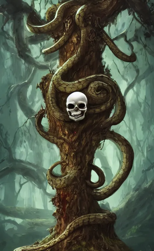 a skull on a tree stump with a snake coming out of the | Stable ...
