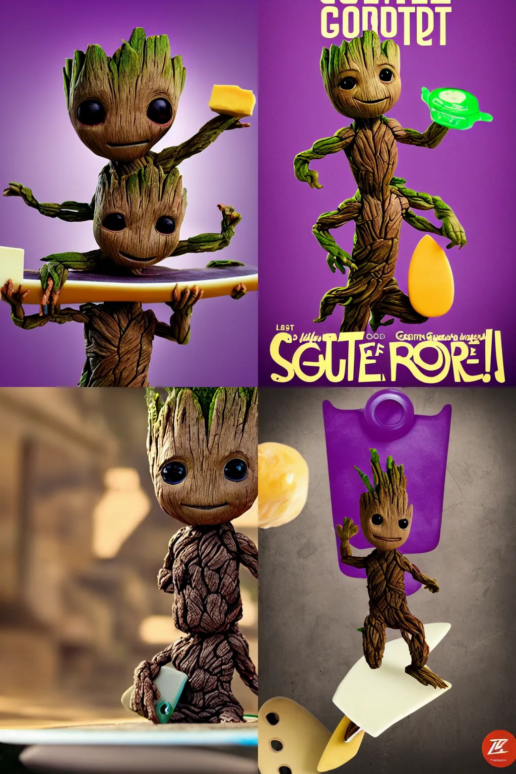little Groot is riding a surfboard shapes like a bar | Stable Diffusion
