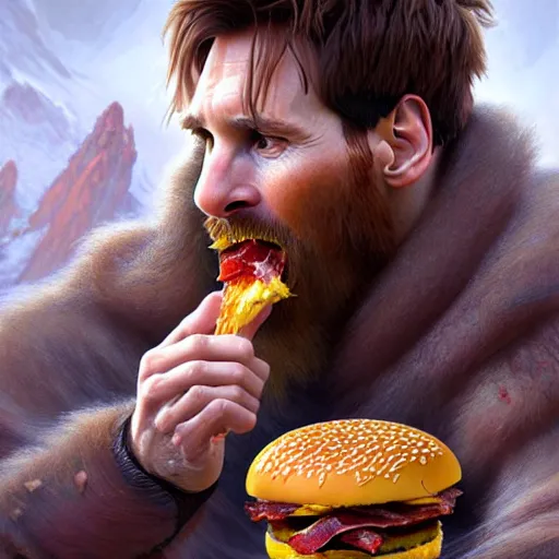 Lionel Messi eating a mammoth Wendy's baconator, | Stable Diffusion