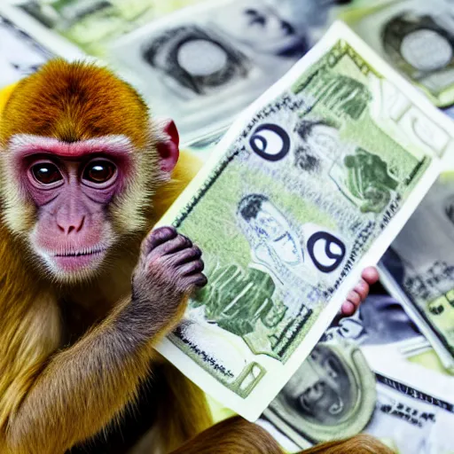 Photograph of a monkey holding money bills, 4k, highly | Stable Diffusion