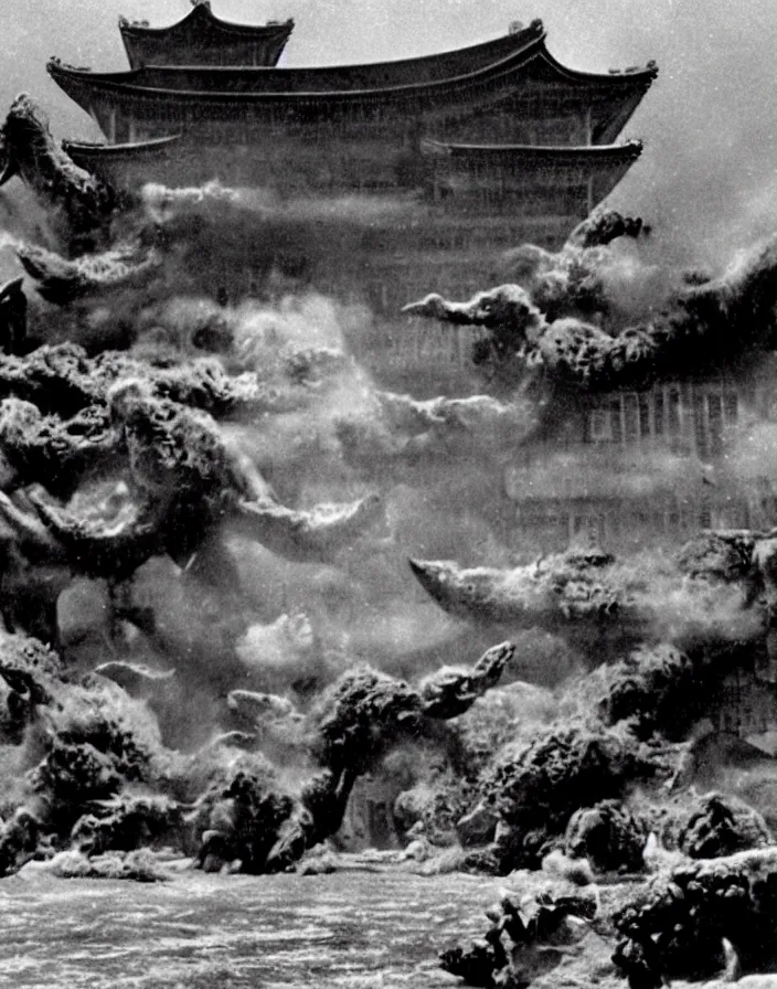 a filmstill of a north korean monster movie, kaiju - | Stable Diffusion