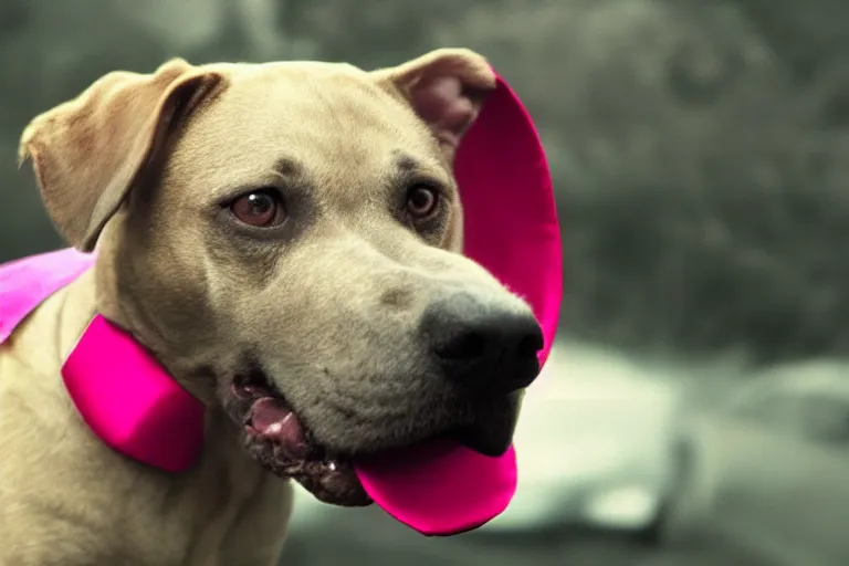 movie scene closeup juggernaut dog with pink bow on | Stable Diffusion ...
