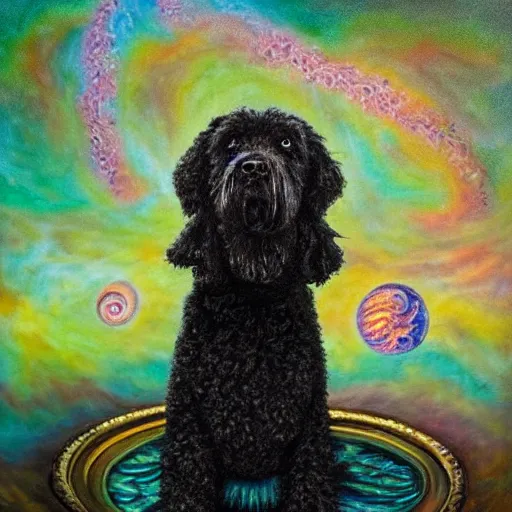 a small black labradoodle in space depicted as an | Stable Diffusion | OpenArt