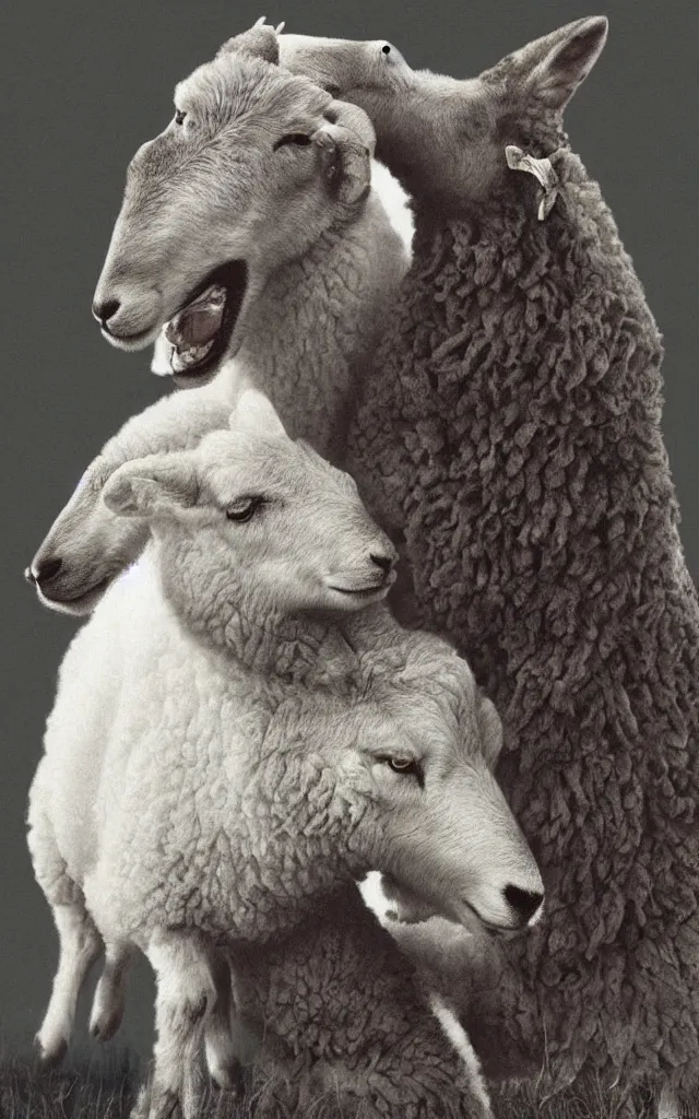 a beksinki sheep biting the neck of a realistic wolf | Stable Diffusion ...