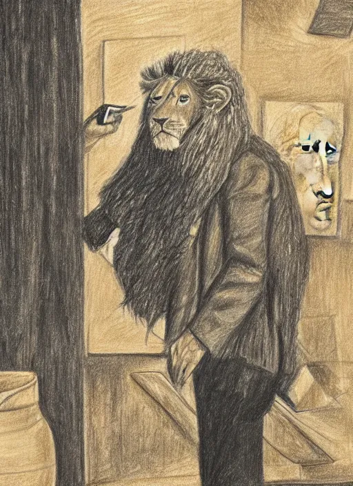 Portrait drawing of a inventor Lion man at a wall | Stable Diffusion ...