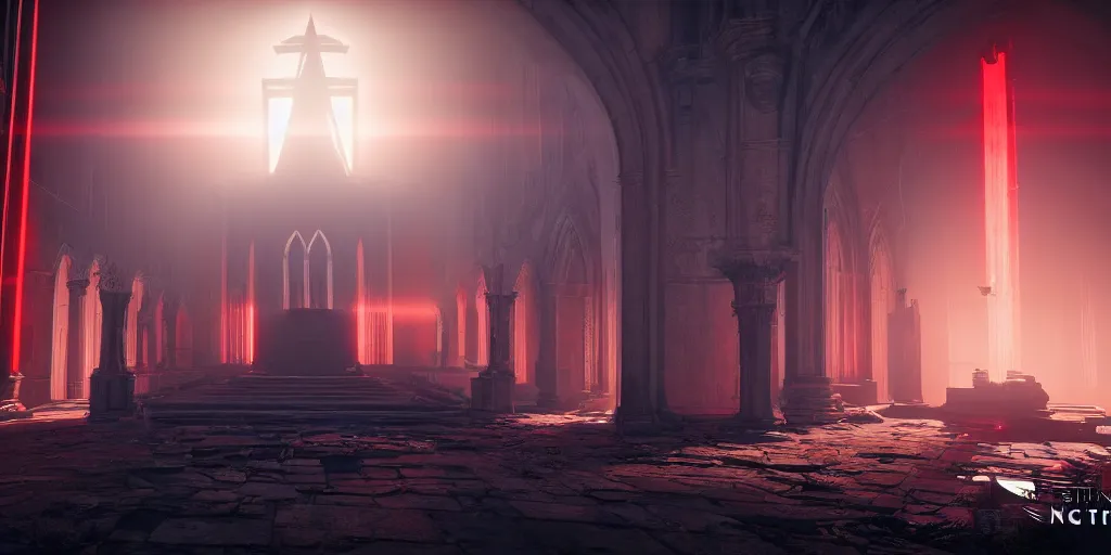 symmetrical, ancient church with red shafts of light | Stable Diffusion ...