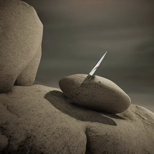 silver dagger stuck in a rock, dramatic lighting, | Stable Diffusion