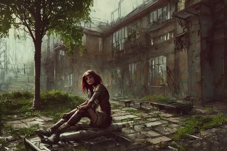 Broken cyborg girl sitting on old courtyard with mud | Stable Diffusion ...