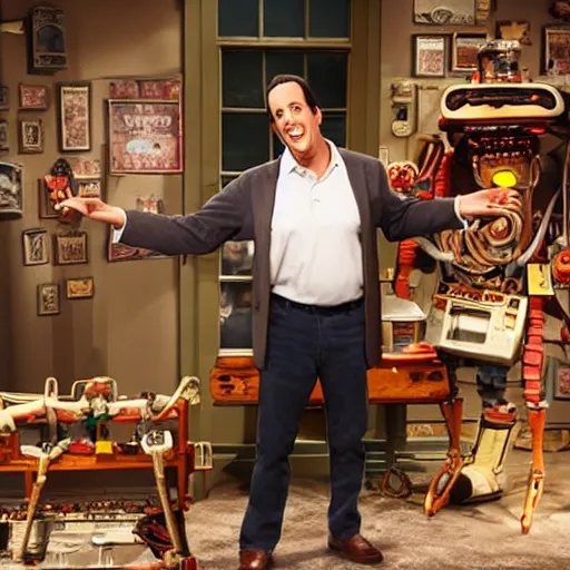 animatronic Jerry Seinfeld, exposed mechanics, photo, | Stable Diffusion