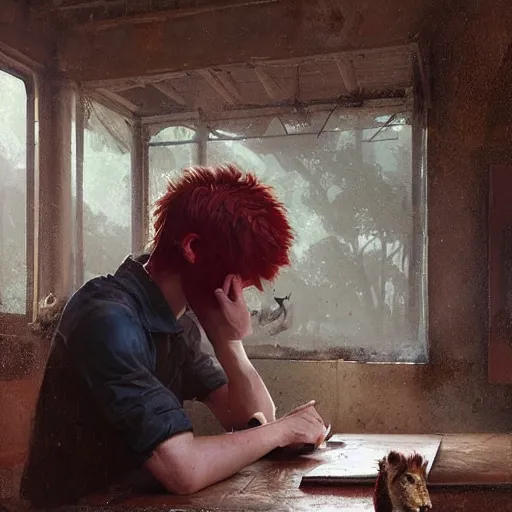 a red haired teenage boy sitting at a computer, lions | Stable ...