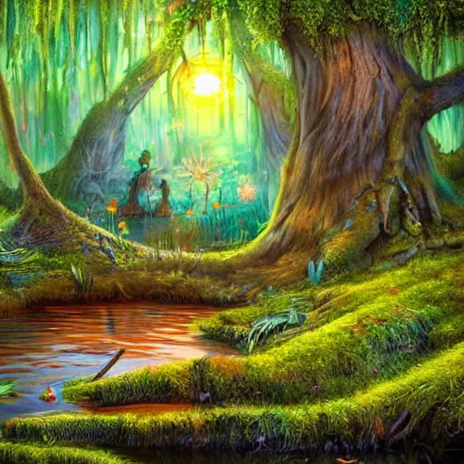 magical swamp, nostalgic disney art, fairies, | Stable Diffusion