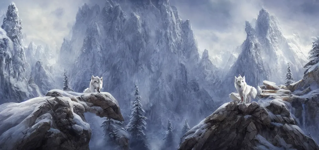 Magic white spirit wolf watches from a cliff the Snowy | Stable ...