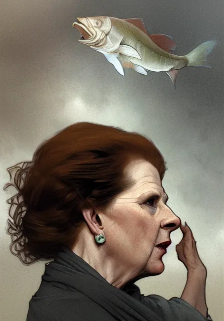 margaret thatcher angry at a fish, intricate, elegant, | Stable ...