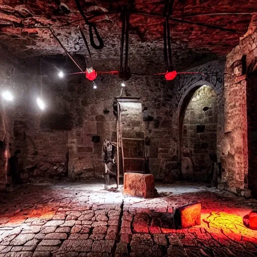 a dark and desolate stone dungeon with red tattered | Stable Diffusion