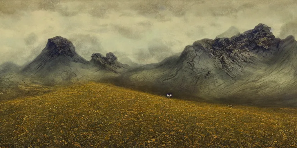 angry mountain, behind meadow, menacing, illustration, | Stable ...