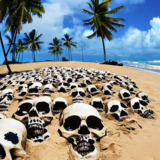 a tropical beach full of skulls in the sand | Stable Diffusion