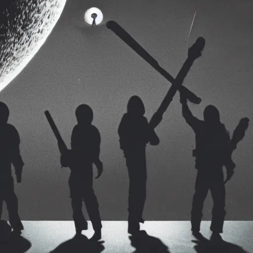 dark silhouettes of alien carpenters disembarking ufo | Stable ...