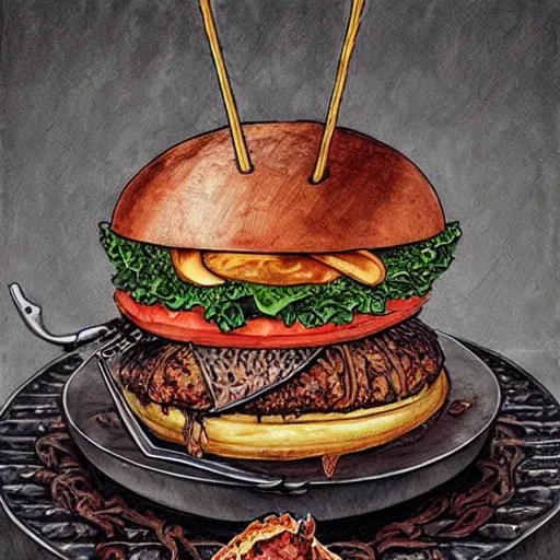 intricate detailed burger with huge fork weapon, dark | Stable Diffusion | OpenArt