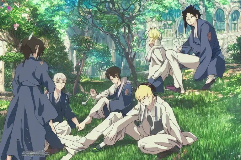 cell shaded anime key visual of a group apprentice | Stable Diffusion ...