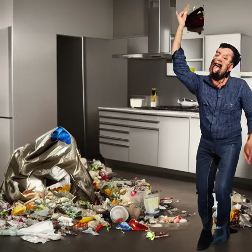 photo of a man dancing in the kitchen, full of trash, | Stable ...