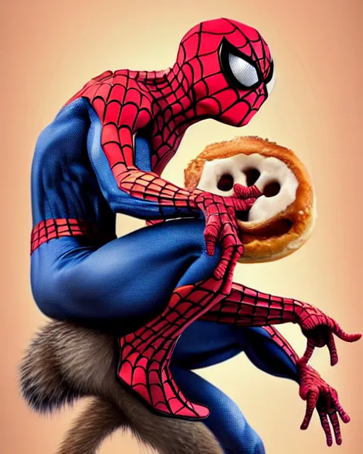 spiderman riding on a giant raccoon eating a donut | | | Stable ...