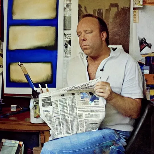alex jones, painting, sad mood, hunched over newspaper | Stable Diffusion