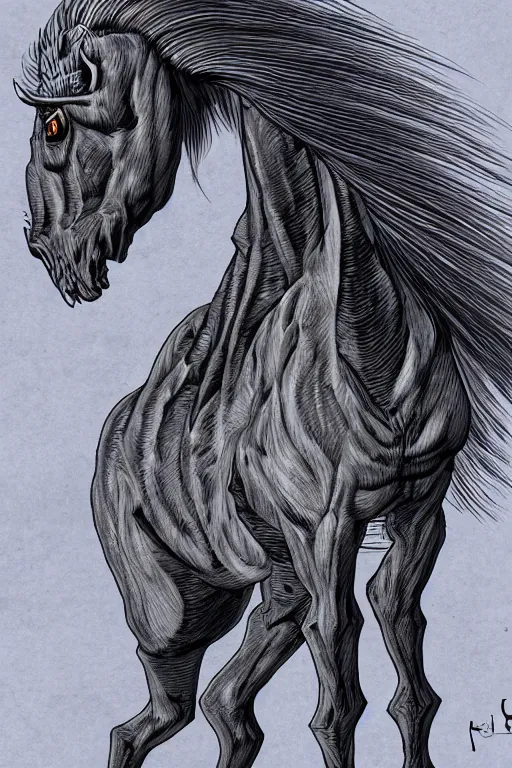 evil horse with a narwhal horn, symmetrical, highly | Stable Diffusion ...