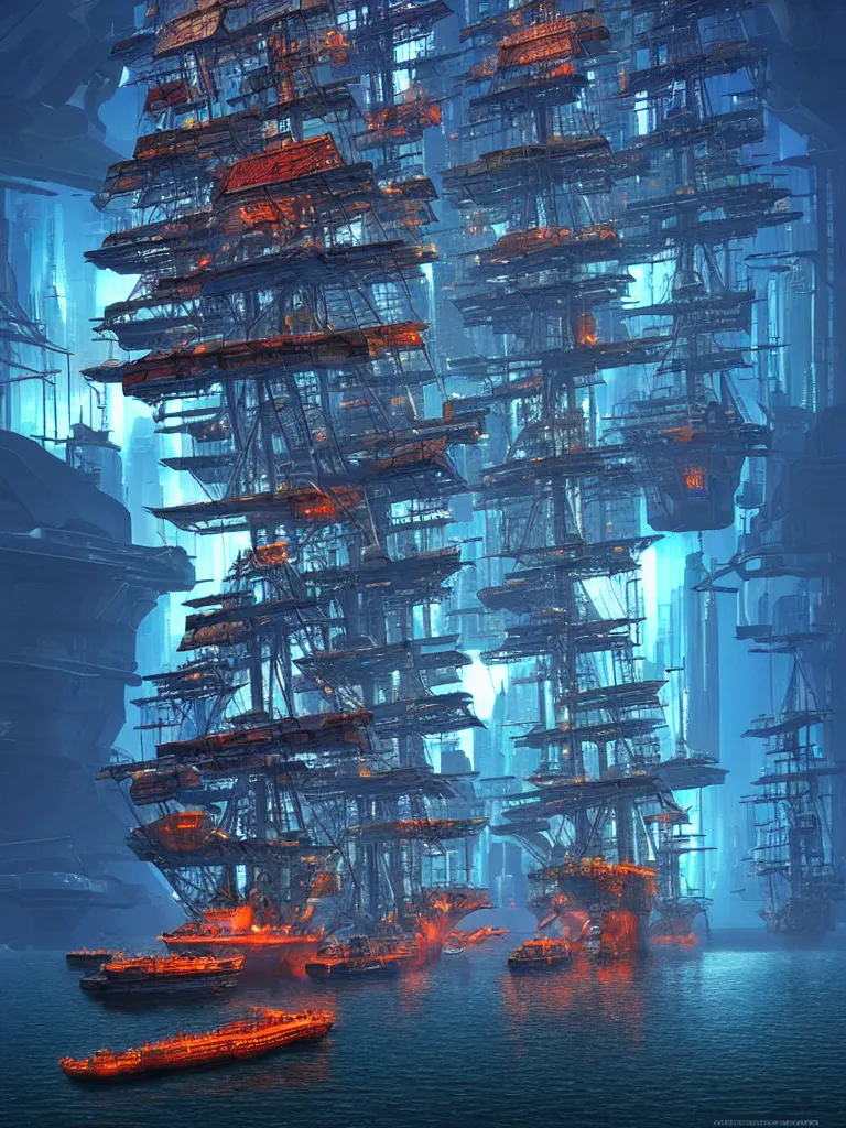 an epic looking cyberpunk pirate ship, docking in | Stable Diffusion ...