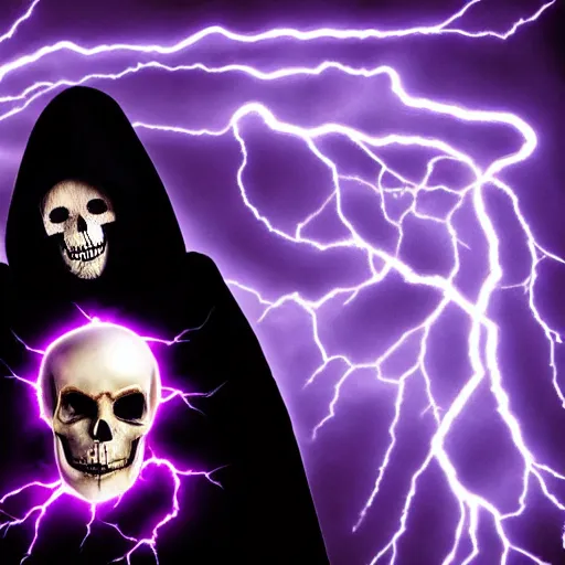 hooded figure with a skeleton face shooting purple | Stable Diffusion ...