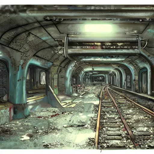 An abandoned post apocalyptic subway station with an | Stable Diffusion