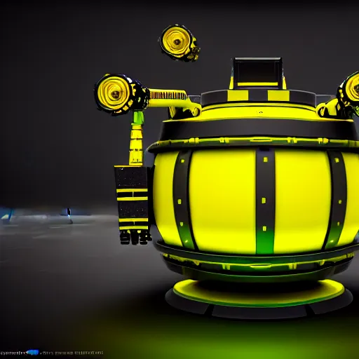 nuclear waste barrel robot with yellow weapon arms, | Stable Diffusion