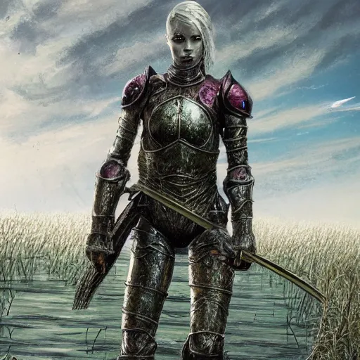 female knight treking in the swamp, dressed, blonde | Stable Diffusion ...